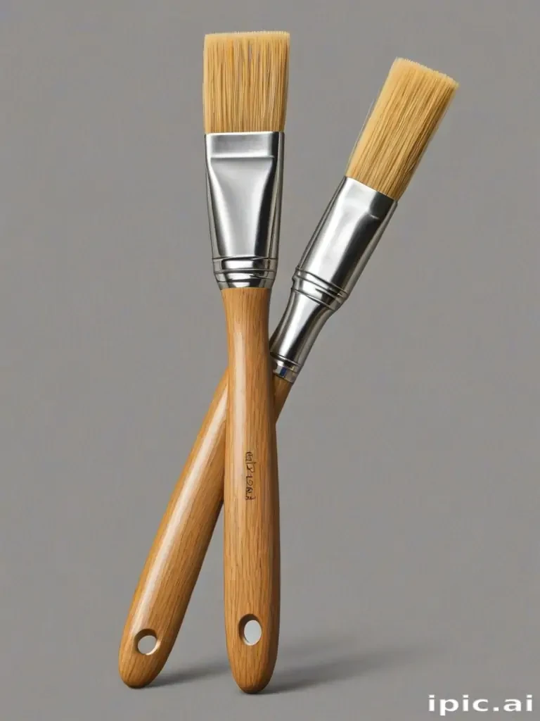 Two Artistic Paint Brushes with Wooden Handles on a Gray Background
