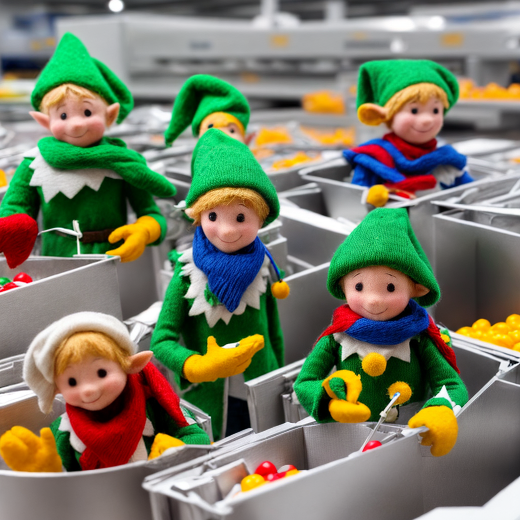 elves in a toy packaging factory in lapland