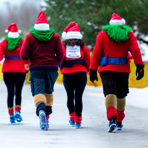 santa doing exercise with with elves and reindeer in north pole