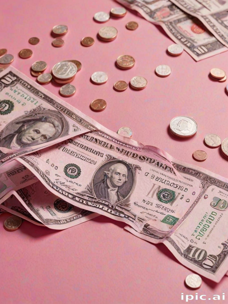 Colorful Arrangement of U.S. Currency and Coins on a Pink Background