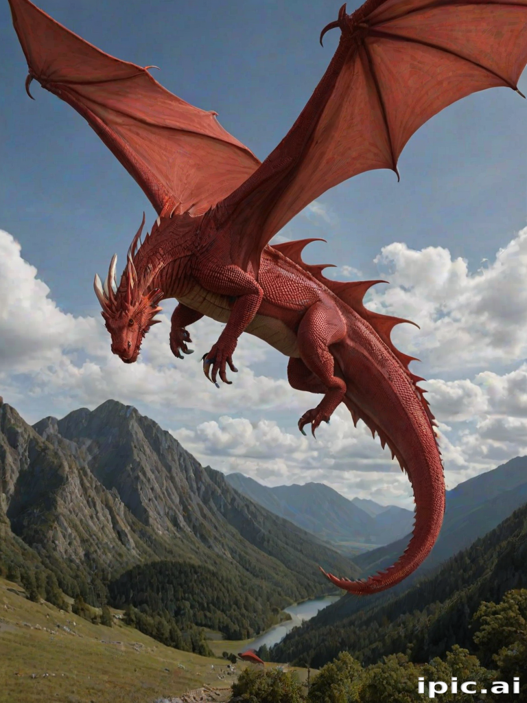 Majestic Red Dragon Soaring Over Lush Mountains and Serene River Landscape