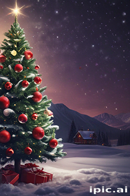 Magical Winter Landscape with a Festively Decorated Christmas Tree and ...