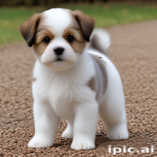 Adorable Puppy with Fluffy Coat Stands Proudly on a Pathway.