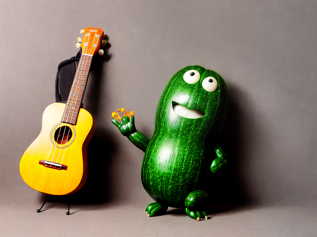 Mr zucchini who looks hopeless standing alone holding ukulele and ...