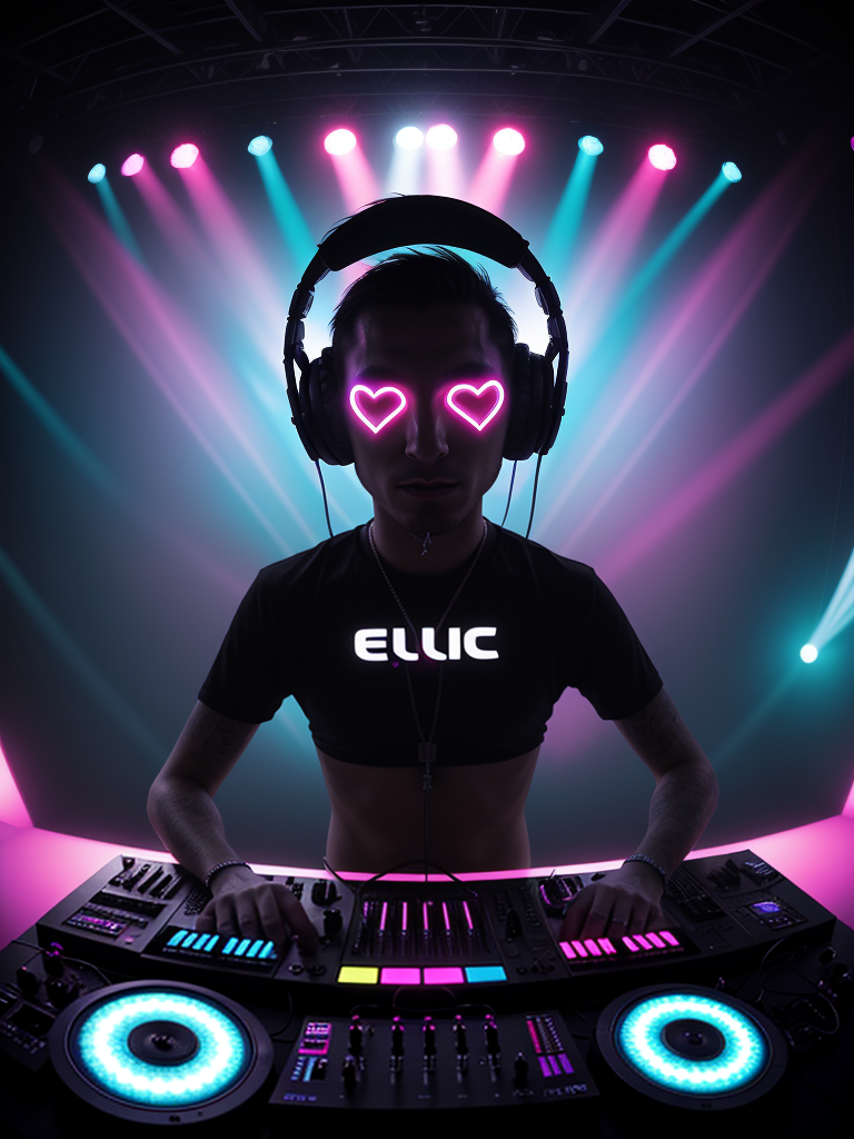 Vibrant DJ with Heart-Shaped Glasses Spinning Beats Under Colorful Lights