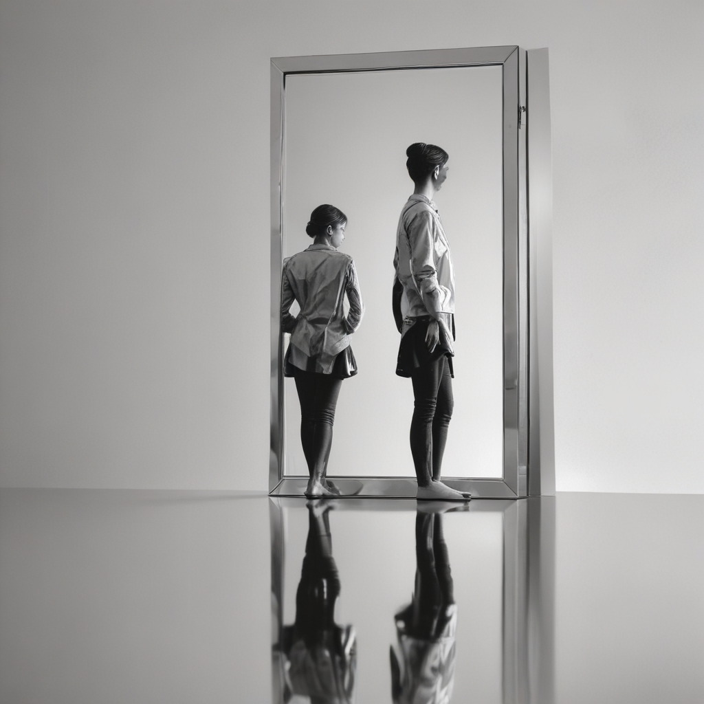 unclear dreamy figure, reflected in a mirror, illustration, half black ...