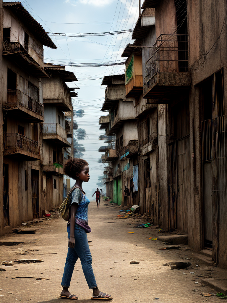 Black girl walking slum brazil Realistic image