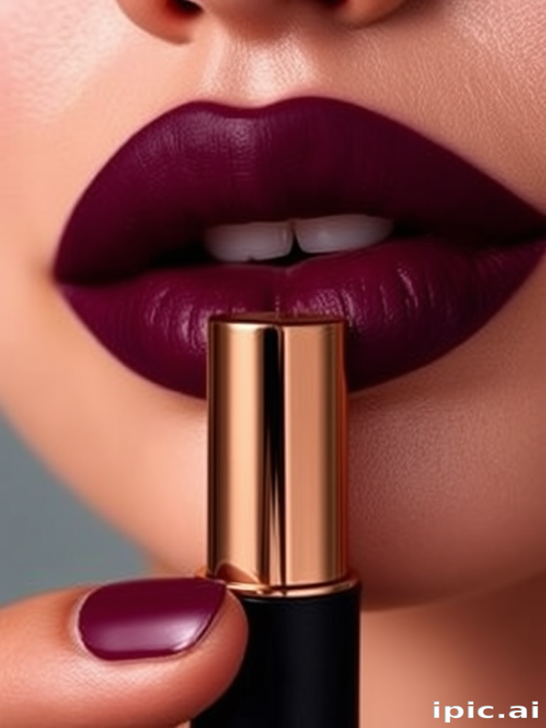 Elegant Close-Up of Bold Dark Lipstick Application on Beautiful Lips