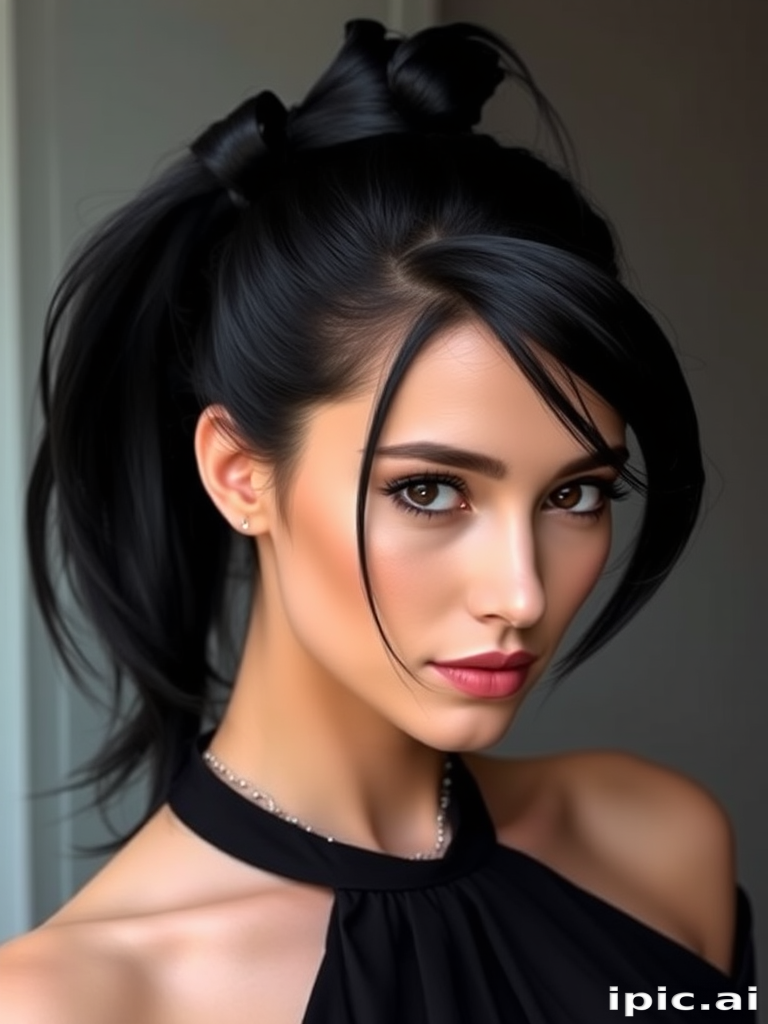 Lustrous jet black hair styled in a high ponytail with face-framing ...