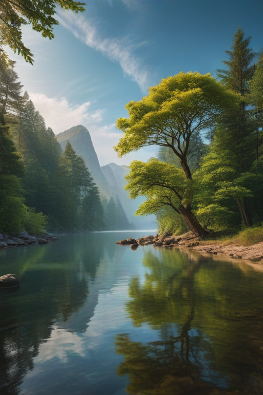 Serene Landscape of a Tranquil River Surrounded by Majestic Greenery