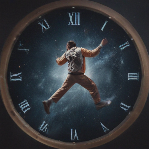 Man running from clock in space