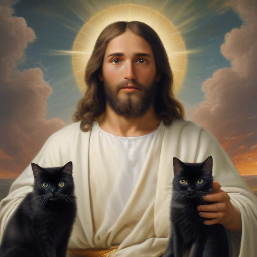 Jesus Christ with two black cats in heaven