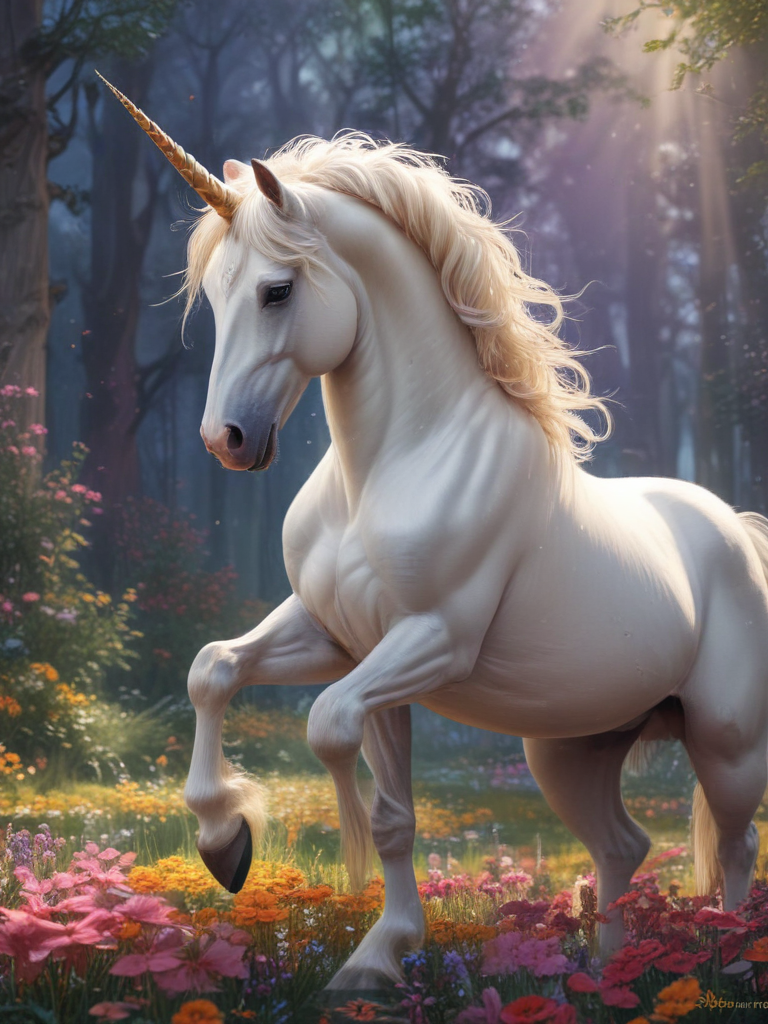 Majestic Unicorn Standing Gracefully Amidst a Colorful Flowering Meadow