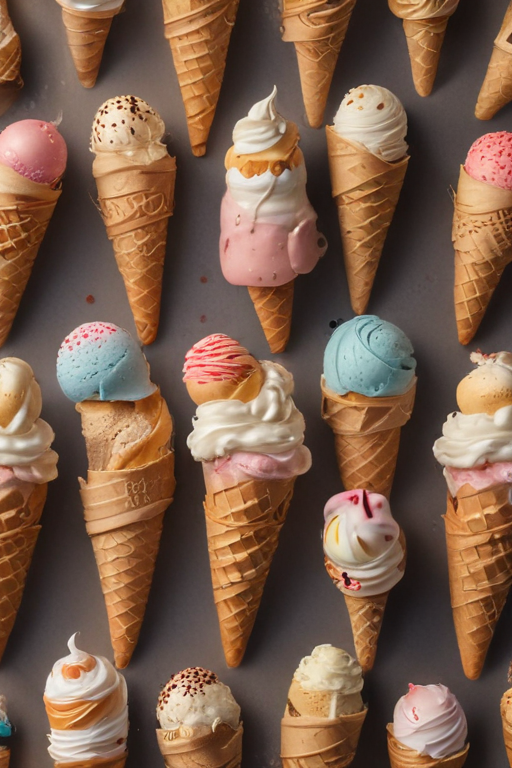 A Colorful Array of Ice Cream Cones with Whipped Cream Toppings.
