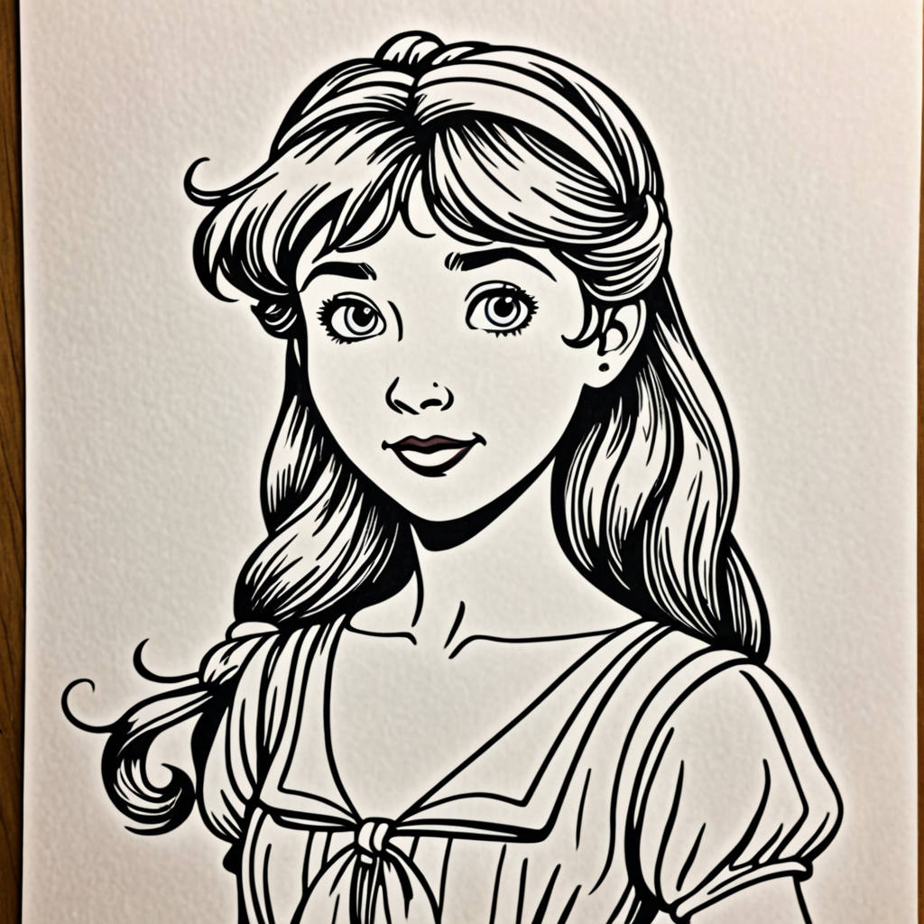 Wendy Darling fron cartoon Peter Pan line art