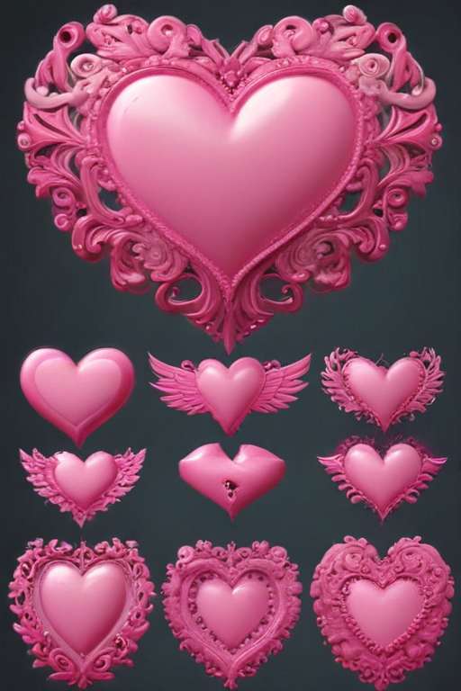 A Collection of Ornate Pink Heart Designs with Various Decorative Elements.