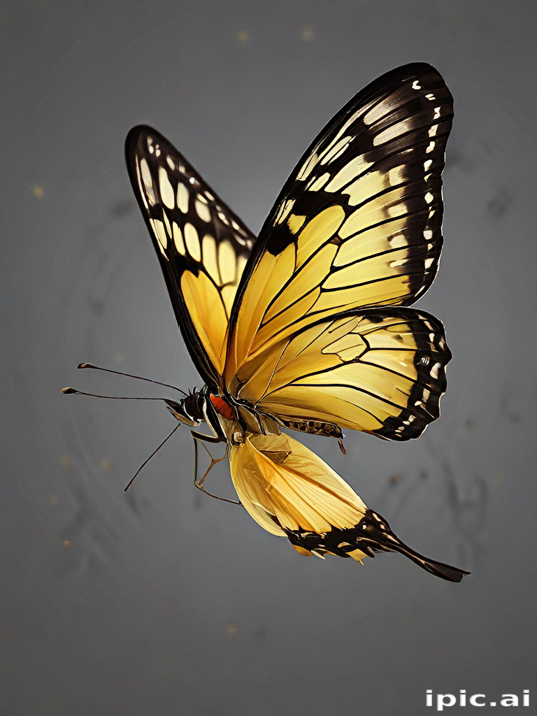 A Beautiful Yellow Butterfly in Flight Against a Soft Gray Background