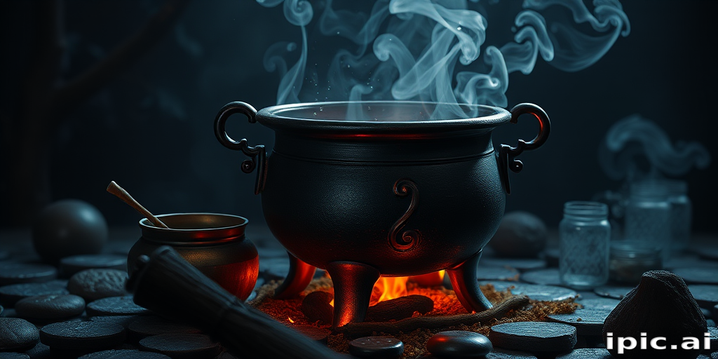 Enchanting Cauldron Steaming Over a Mystical Fire in a Dark Setting