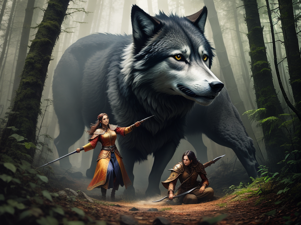 Girl with wolves fights against fire demon in a forest, epic war ...