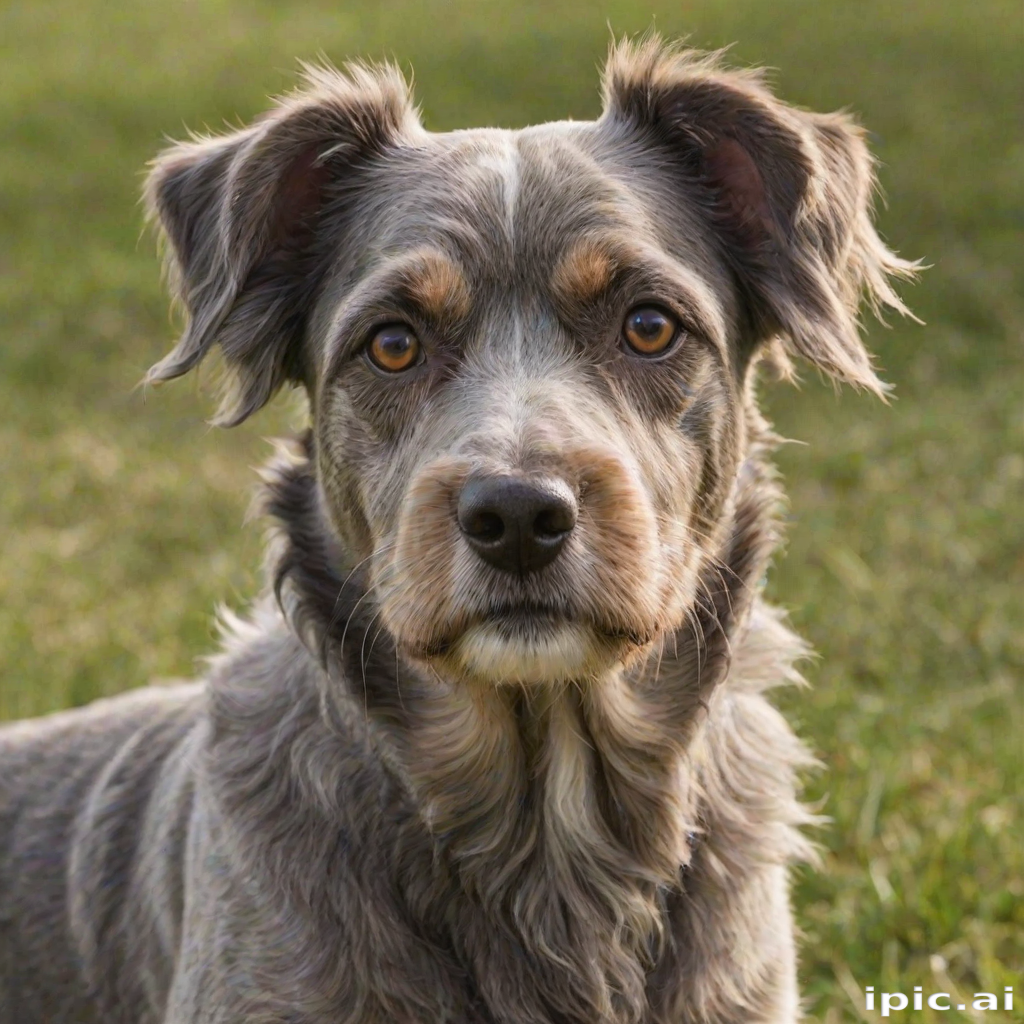 A Beautiful Gray Dog with Expressive Eyes Posing Outdoors in Nature.