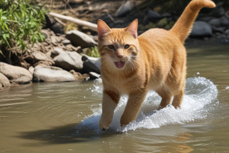 Action hero Orange tabby cat rises out of river