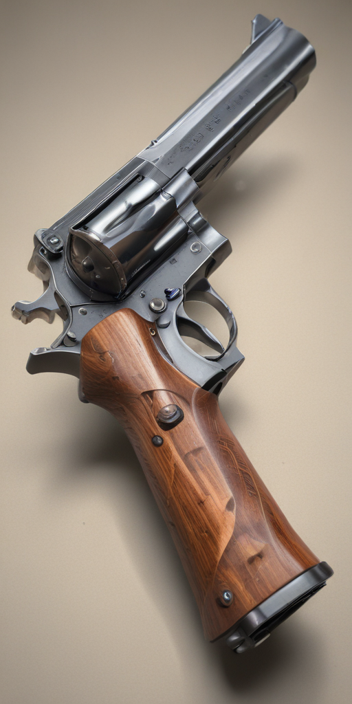 A Stylish Revolver Featuring a Unique Wooden Grip and Sleek Design.