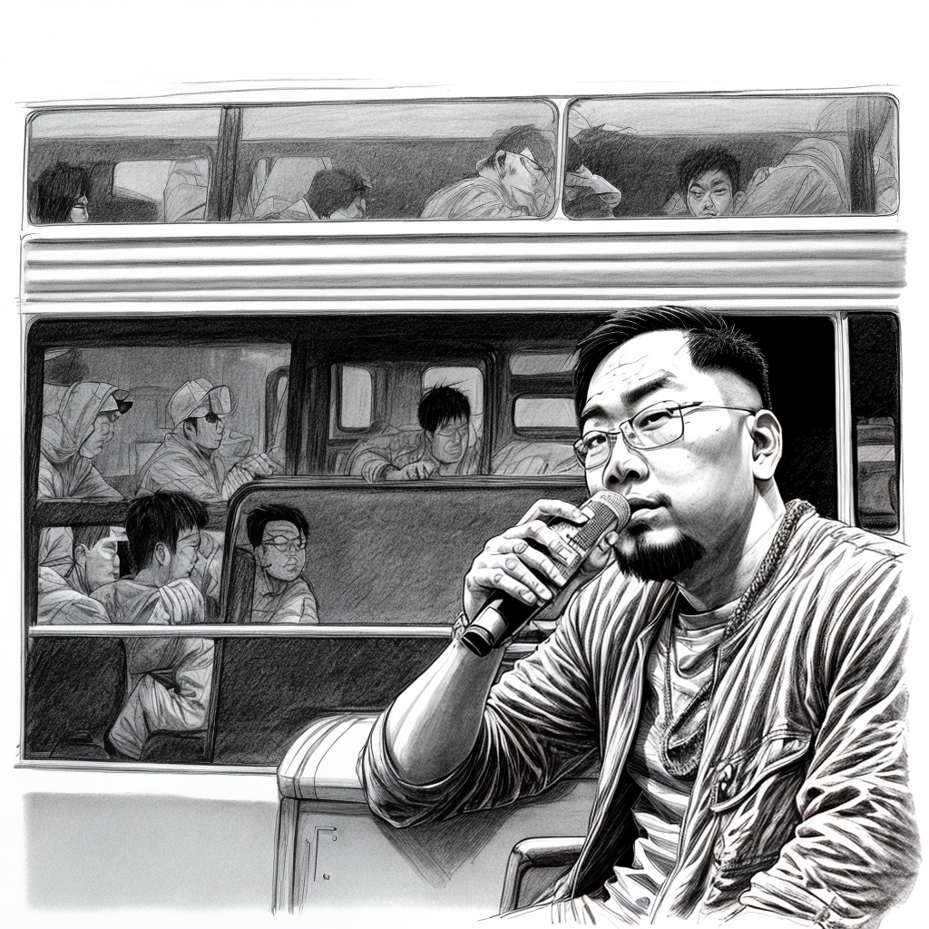 asian rapper is drinking shampagn, behind him are stands bus.wide angle ...