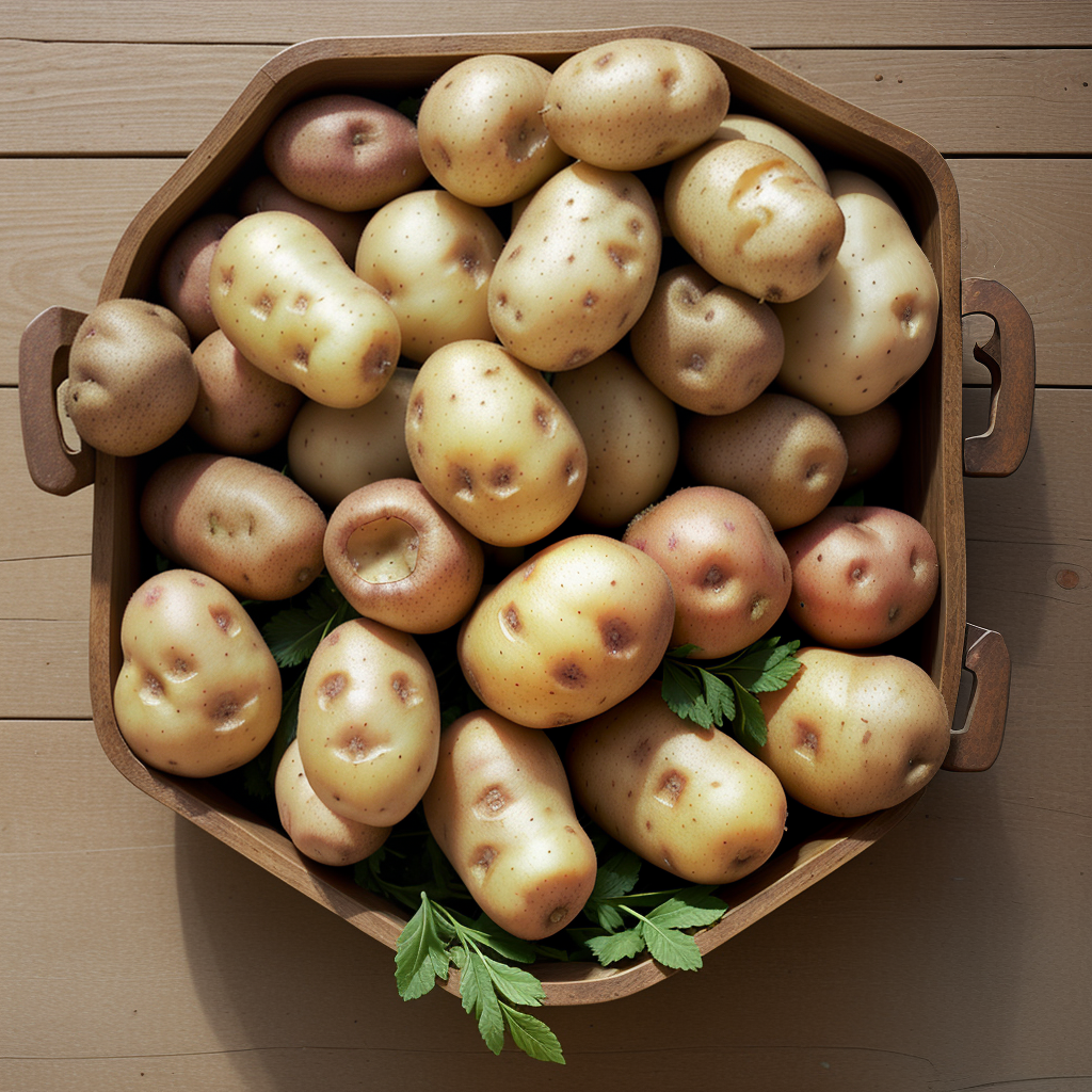 A Rustic Wooden Bowl Overflowing with Freshly Harvested Potatoes and Greens