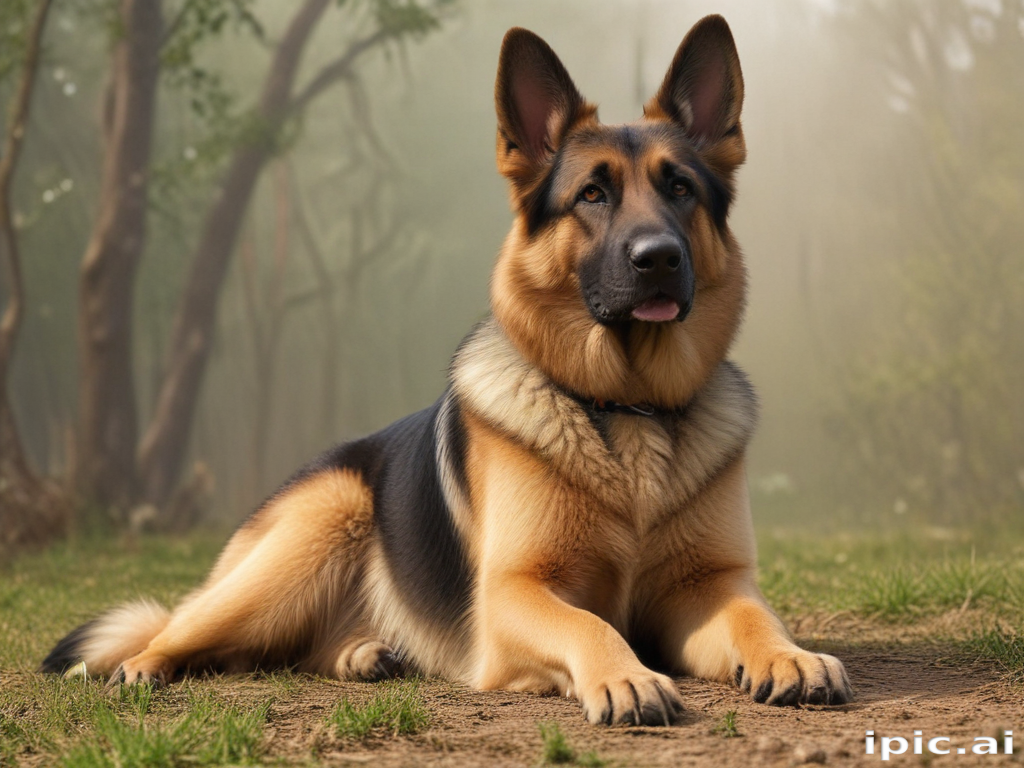 A Majestic German Shepherd Dog Relaxing in a Serene Forest Setting