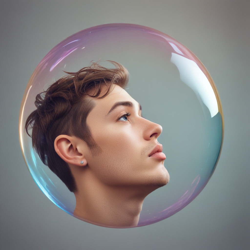 A Young Man Contemplating Life Inside a Colorful, Translucent Bubble