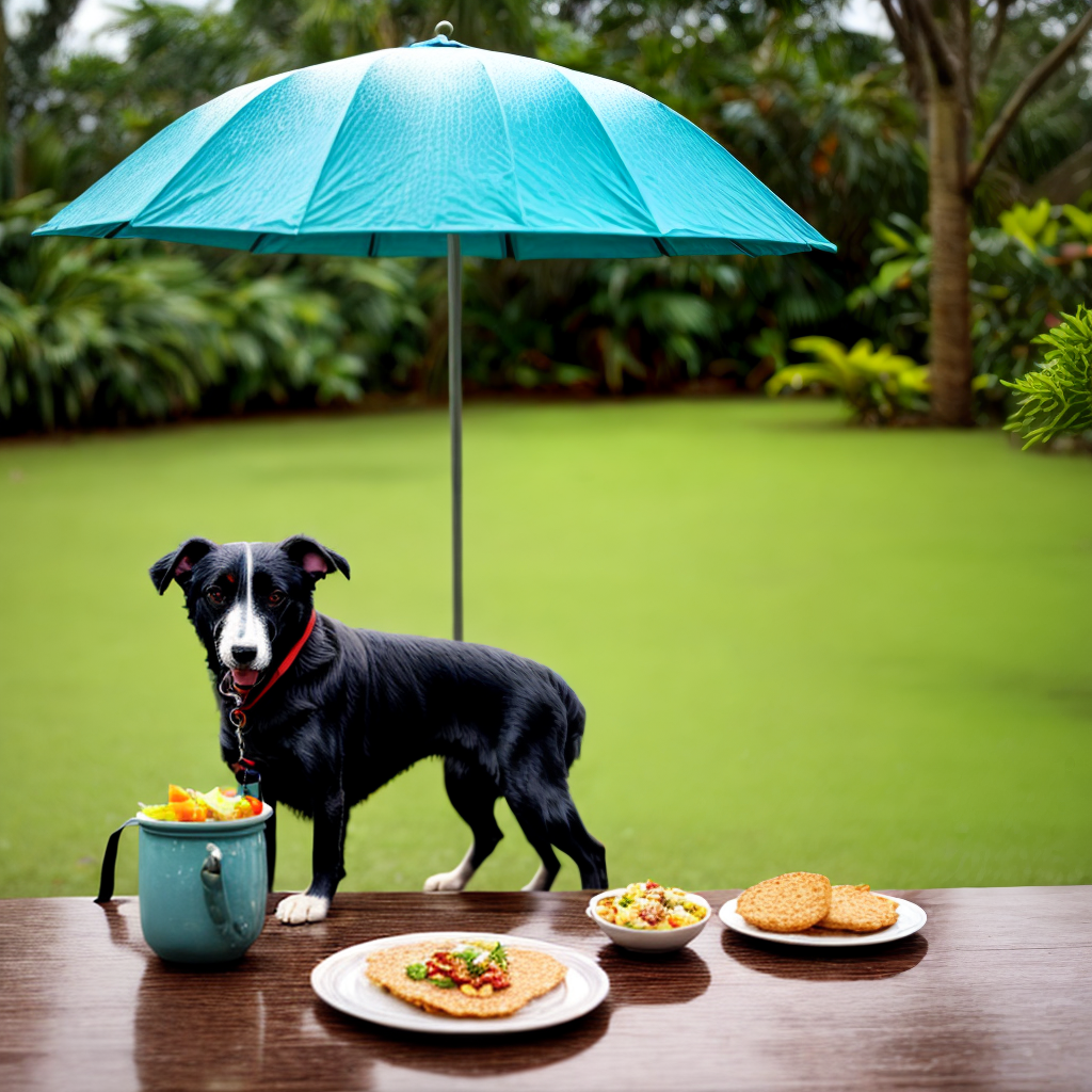 Dog eating breakfast outside tropical weather raining