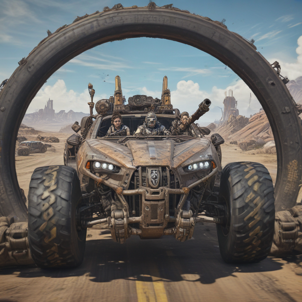 baby in armor driving at the center of the large circular rubber tire ...