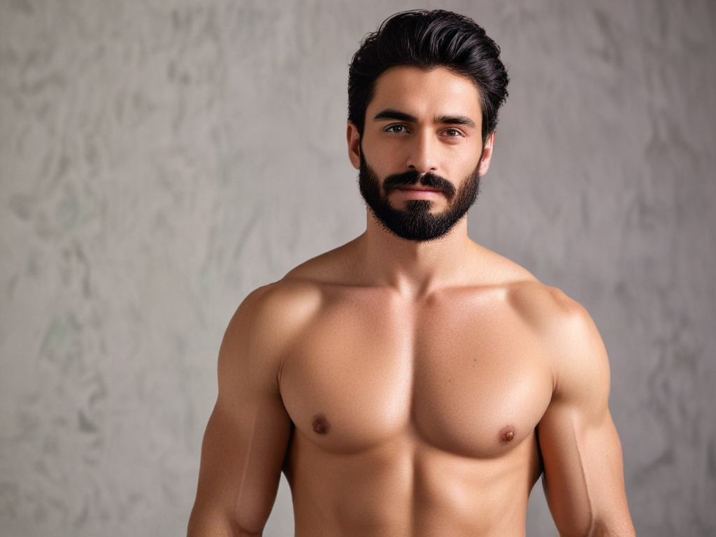 Man standing broad shoulders toned muscled chest black hair neatly ...