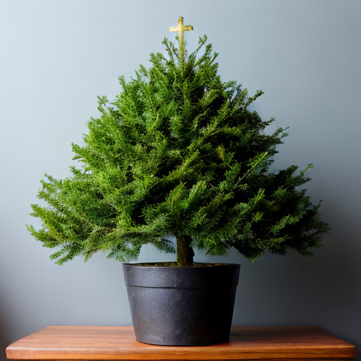 A potted yew on a church pew
