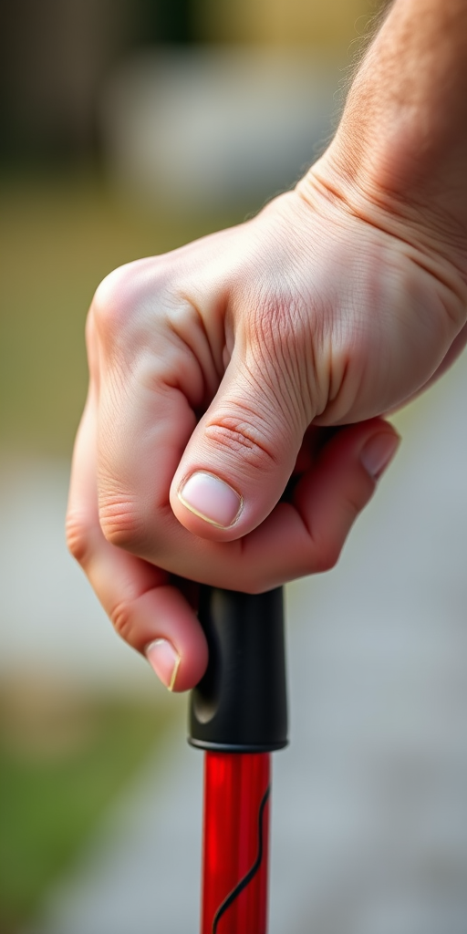 Hand Gripping a Red Walking Stick with Determination and Purpose