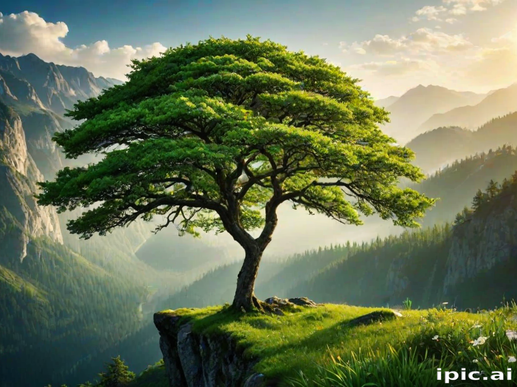 A Majestic Tree Standing Proudly on a Mountain Cliff at Sunrise