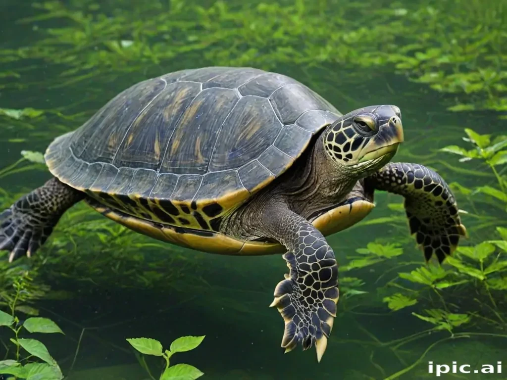 A Majestic Sea Turtle Gracefully Swimming Through Clear Aquatic Vegetation.