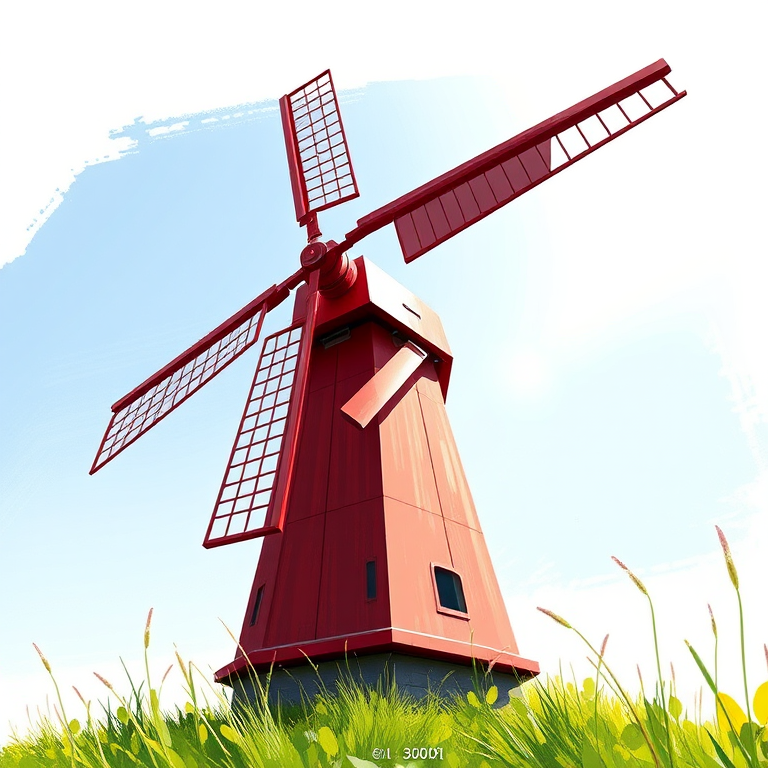 Create a detailed illustration of a red windmill with four large blades ...