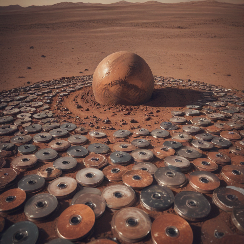 cinematic shot of mars like planet filled with cds and viynls