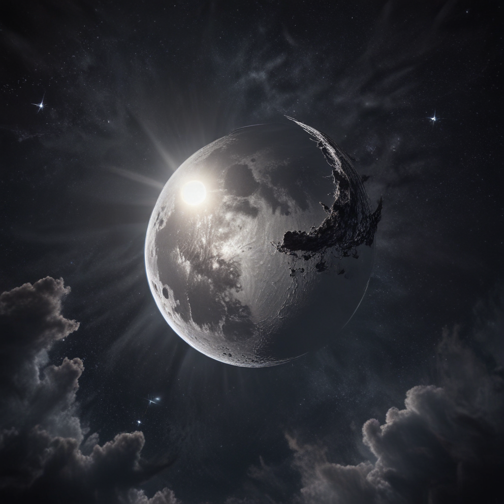 Looking up at the moon in deep space, sun wings protecting the moon ...