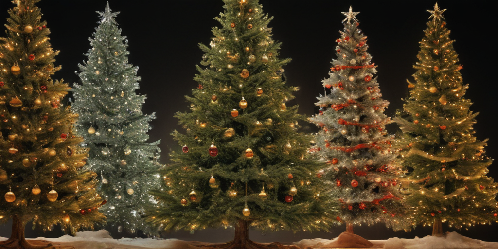 Four Beautifully Decorated Christmas Trees Illuminated Against a Dark ...