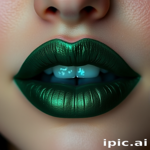 Stunning Close-Up of Glossy Green Lips with a Shimmering Finish