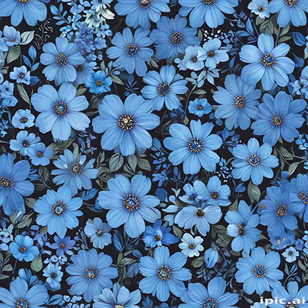 Vibrant Blue Floral Pattern with Various Flowers on Dark Background