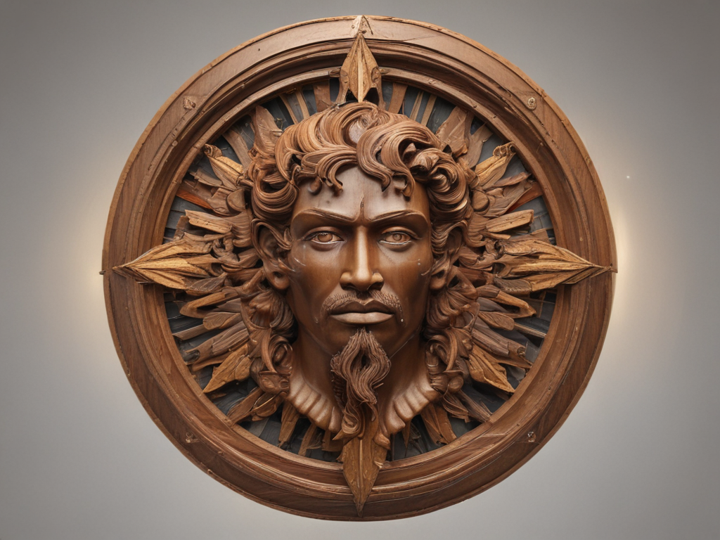 Intricate Wooden Relief of a Man Surrounded by Radiant Sunburst Design