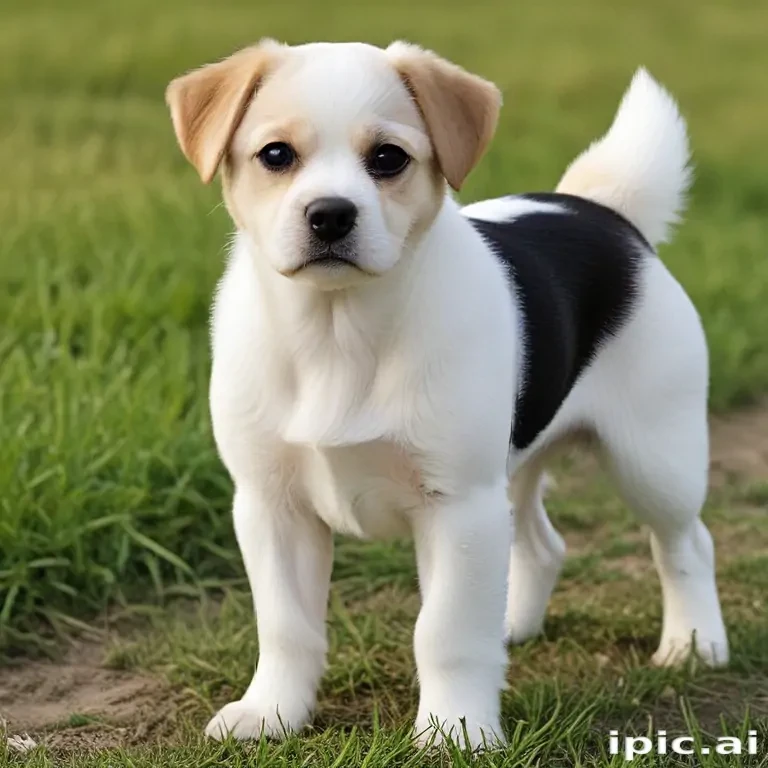 A Cute Puppy Standing on Green Grass with an Adorable Expression.