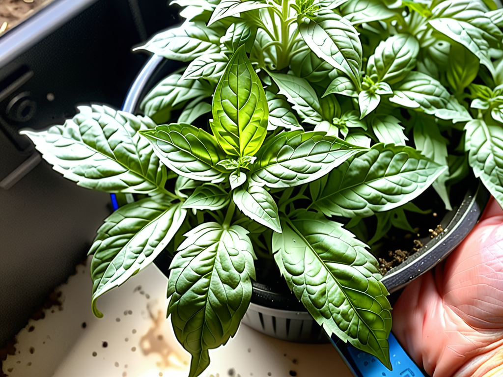 Thriving Green Basil Plant in a Black Pot with Lush Leaves