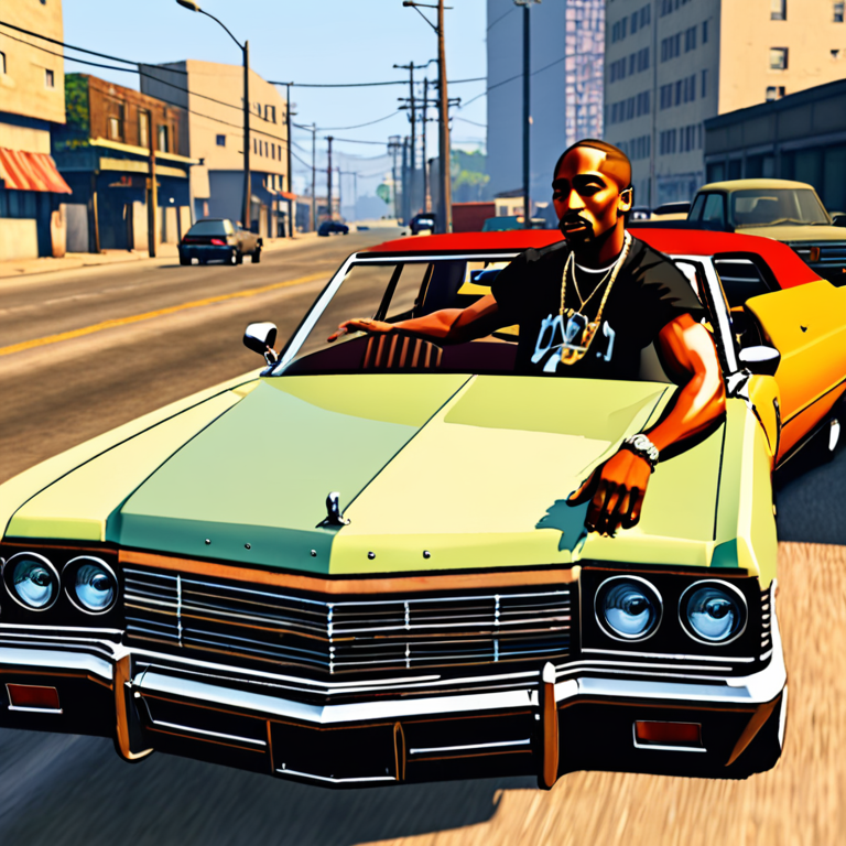 Le rappeur Tupac au volant d'une voiture lowrider dans un style ...