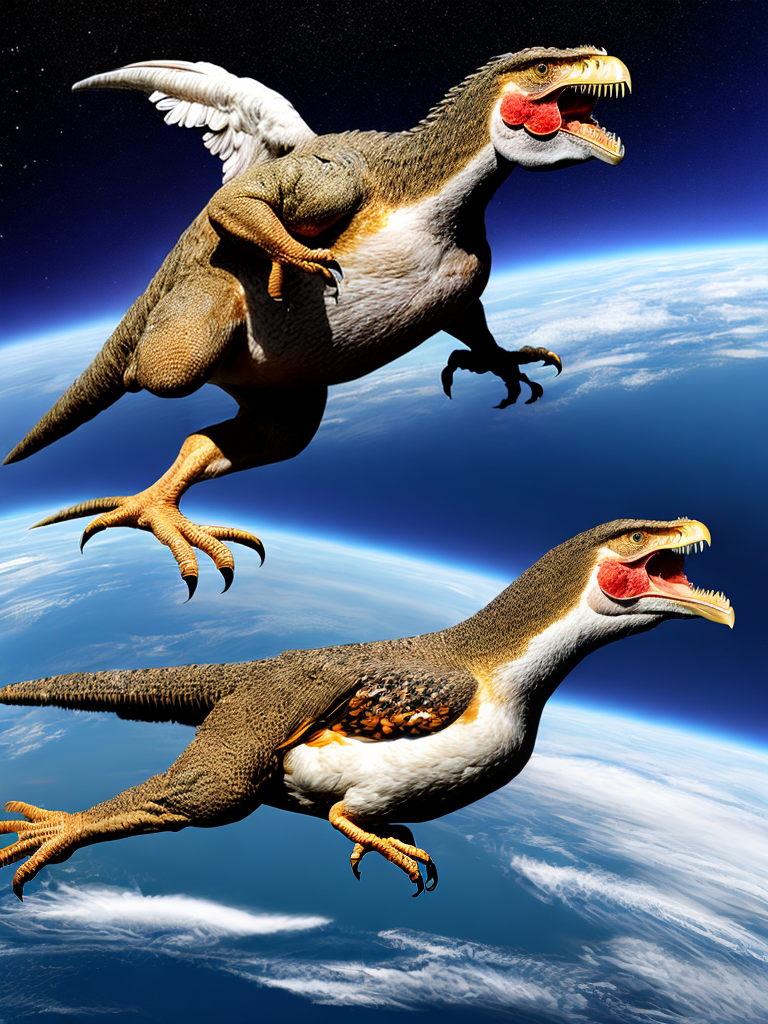 chicken on top of a t-rex in space