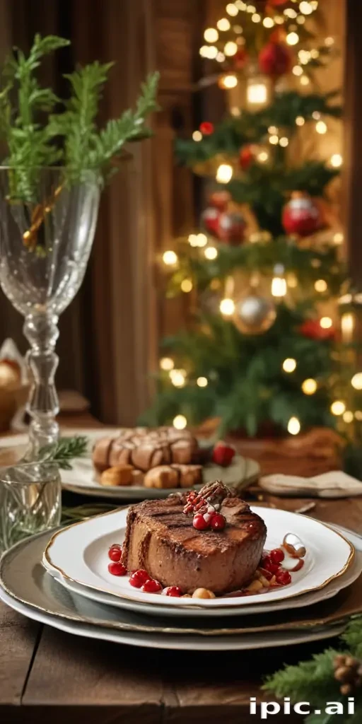 Festive Holiday Dinner Plate with Gourmet Meat and Decorative Garnishes