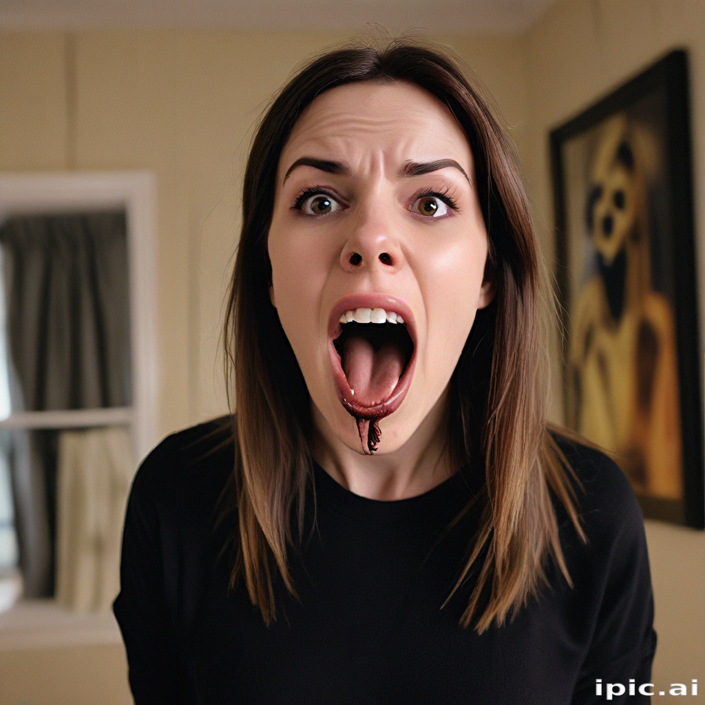 Shocked Woman Screaming with a Disturbing Substance Dripping from Her Mouth